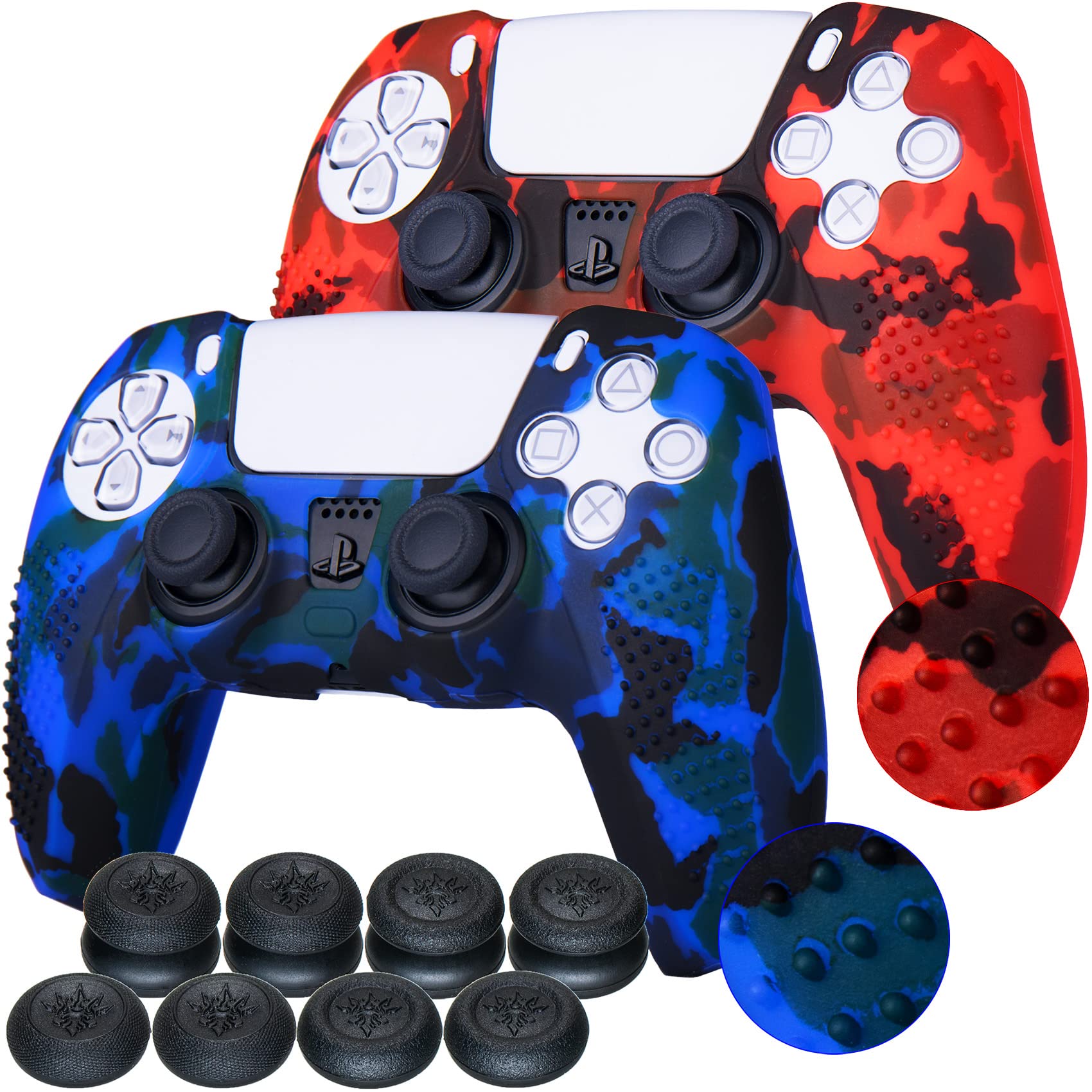 YoRHa Studded Printing Silicone Cover Skin Case for PS5 Controller x 2(Red+Blue) with Pro Thumb Grips x 8