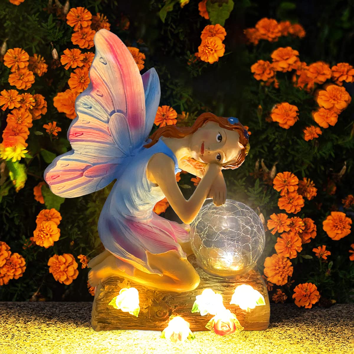 PERFECTOP Solar Angel Garden Statue Outdoor Decor, Resin Fairy Angel Elf Girl Figurine with Solar Lights, Garden Art for Patio Lawn Yard Porch Wedding Home Decoration, Valentine's Day Women Gifts