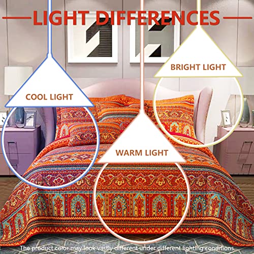 VAPUTAR Cotton Quilt Queen Size Bedding Set - 3 Pieces Queen Quilt Bedding Set, Boho Queen Size Quilts, Lightweight Reversible Coverlets Bedspreads for Farmhouse Bedroom (Red/Orange)