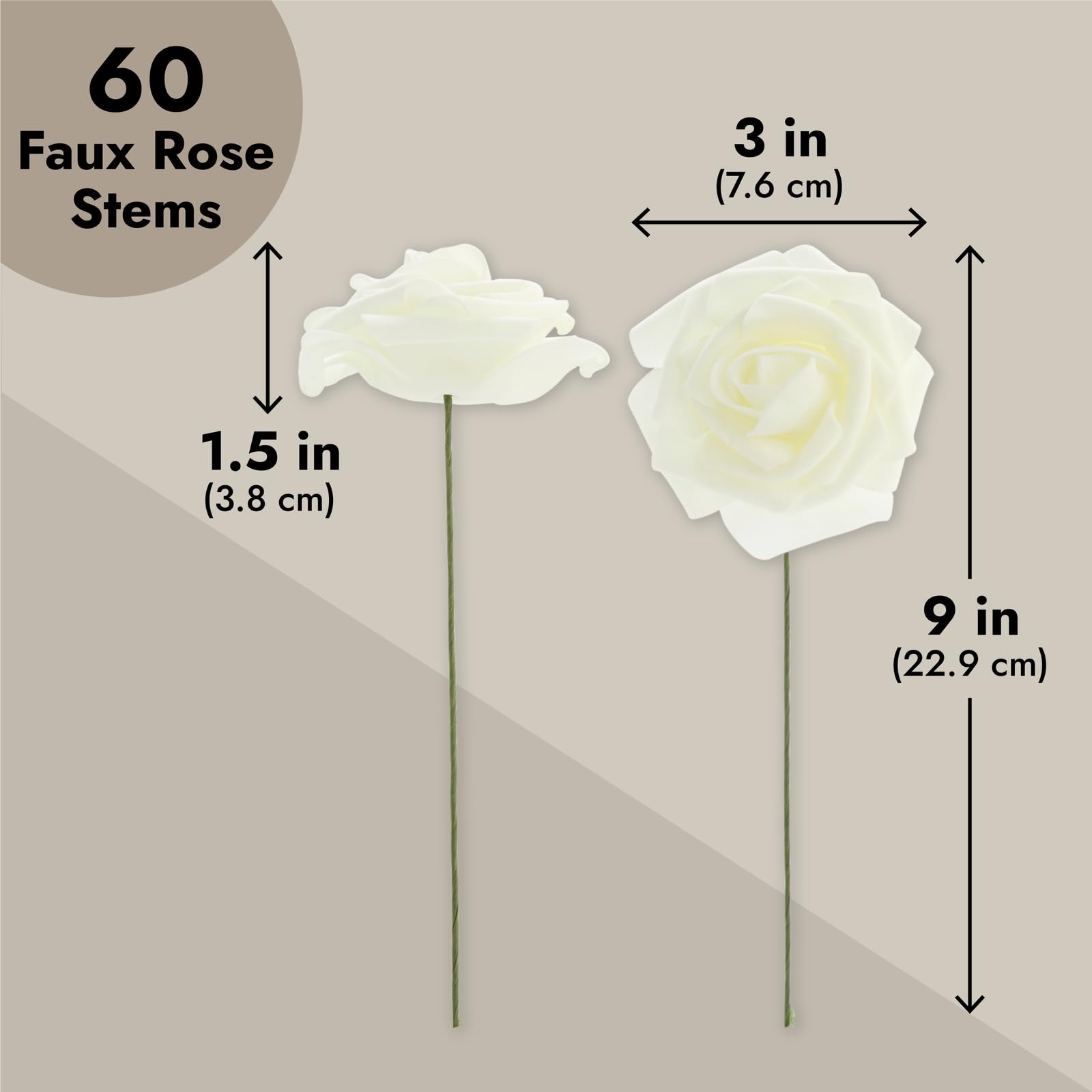 Bright Creations 60 Pack White Artificial Roses with Stems, Fake Faux Flowers Heads Bulk for Wedding Bouquets DIY & Bridal Shower, Cream, 3 inch