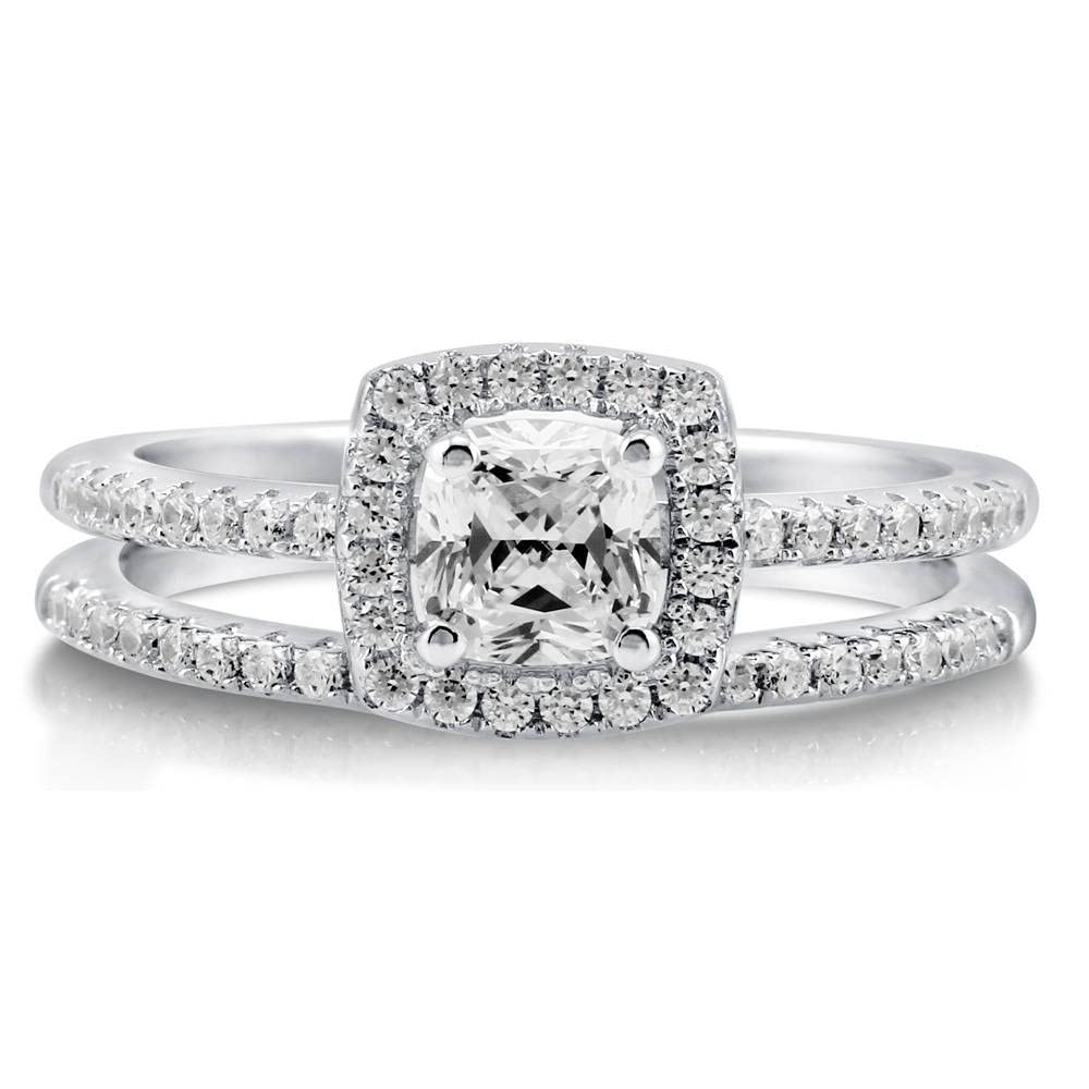 BERRICLE Sterling Silver Halo Wedding Engagement Rings Cushion Cut Cubic Zirconia CZ Ring Set for Women, Rhodium Plated Size 7
