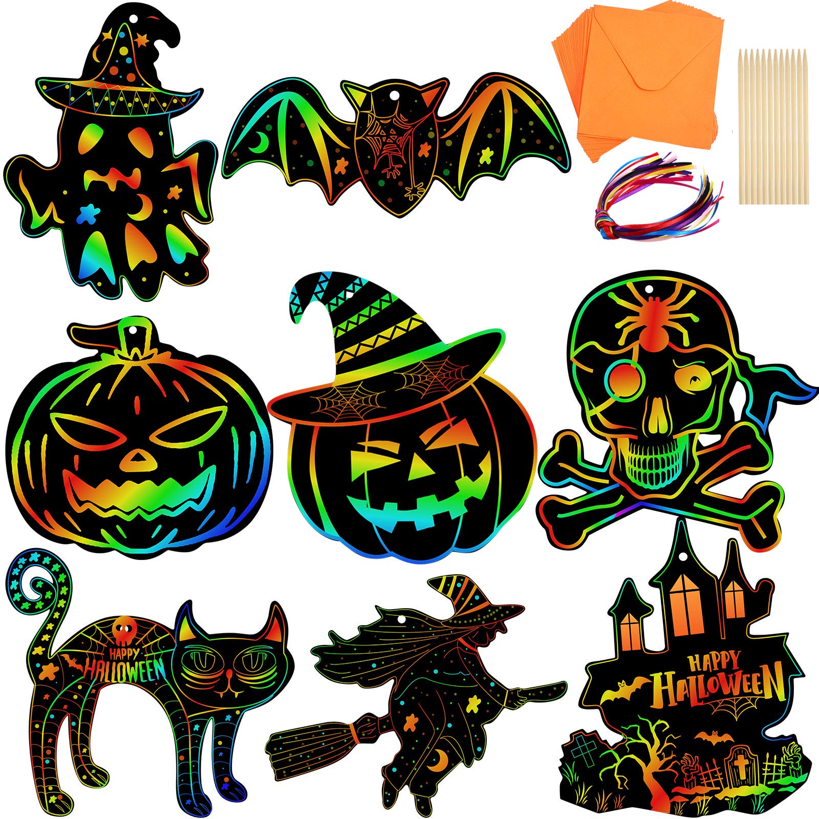 Skylety 24 Pcs Halloween Scratch Craft Art Kit, Rainbow Colorful Scratch Paper Card Pumpkin Jack Witch Shape with Ribbons Wooden Scratch Tools and Envelopes for Halloween Theme Party Home Decorations