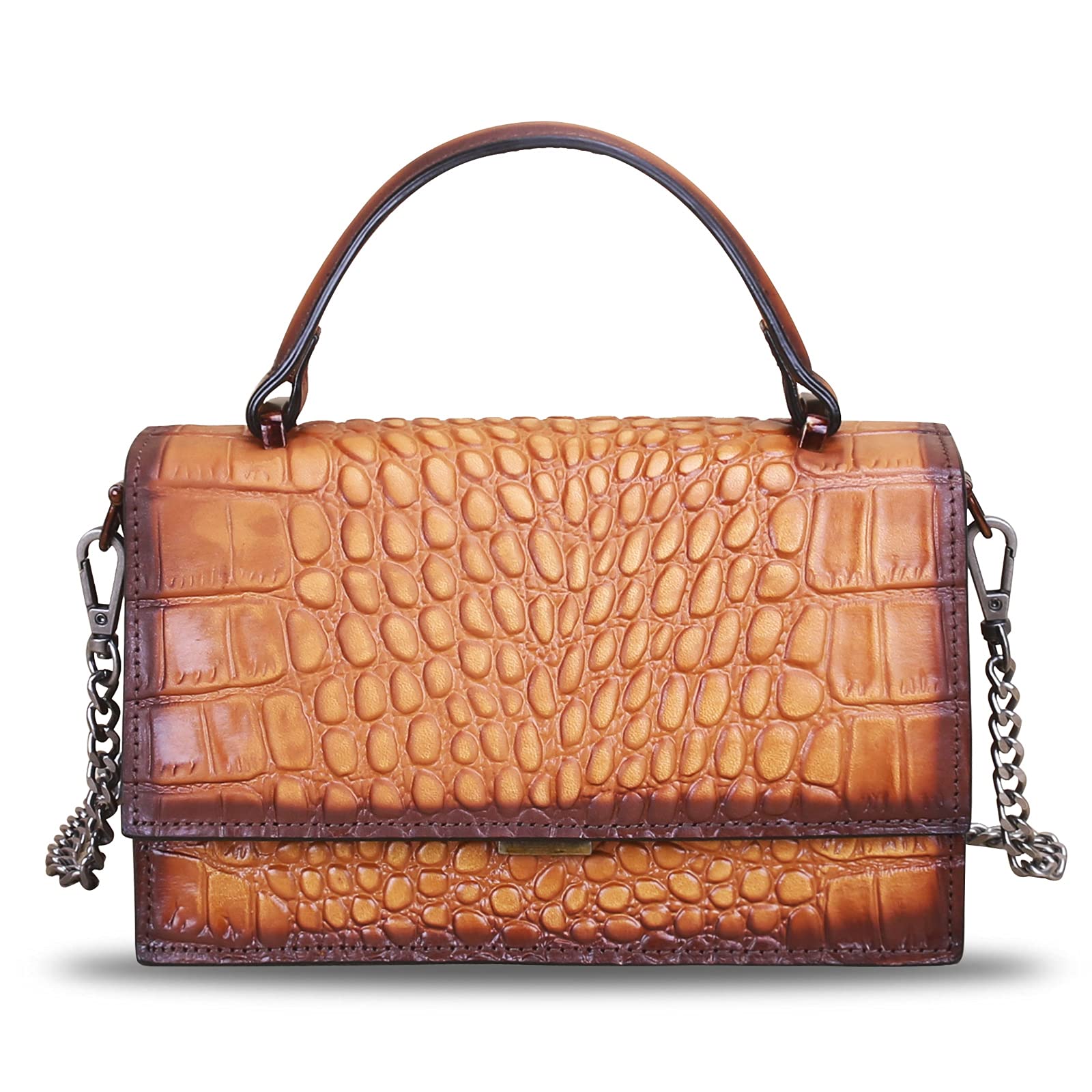 Genuine Leather Handbags for Women Retro Handmade Small Satchel Purse Luxury Top Handle Real Leather Embossed Design Crossbody Bag (Brown)
