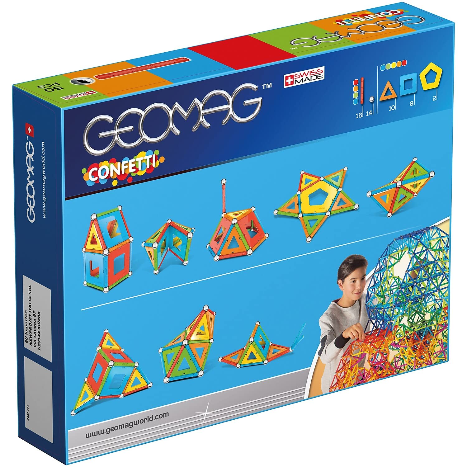 Geomag Magnetic Sticks and Balls Building Set, Magnet Toys for STEM, Creative, Educational Construction Play, Swiss-Made Innovation, Confetti 50 Piece Age 3+, Light Blue, Orange, Green, Red, Yellow