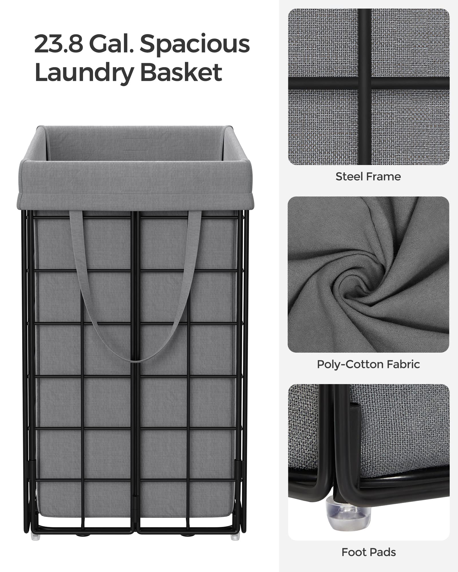 SONGMICS Laundry Hamper, 23.8 Gal. (90L) Laundry Basket, Collapsible Clothes Hamper, Removable and Washable Liner, Metal Wire Frame, for Bedroom Bathroom, Black and Gray ULCB190G01