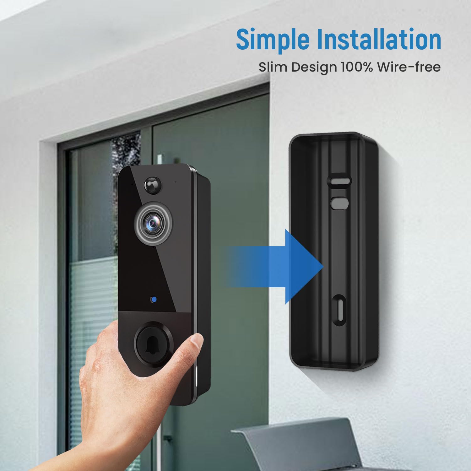 BITEPASS Smart Video Doorbell Camera Wireless with Ring Chime, AI Human Detection, 2-Way Audio, HD Live View, 2.4G WiFi, Night Vision, Cloud Storage, Battery Powered, Indoor Outdoor Surveillance