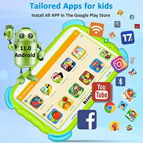 kimlok Kids Tablet Tablet for Kids,Android 11, 7 Inch 2GB+32GB, WiFi, Parental Control APP,Dual Camera, Bluetooth, Friendly Learning Tablets for Kids with Case Included for Boy and Girl Green