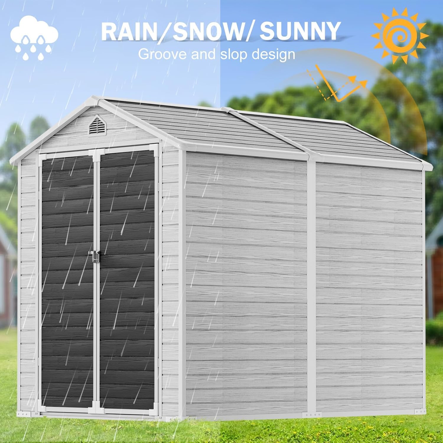 CDCASA 8x6 FT Resin Storage Shed, Waterproof Large Outdoor Shed with Floor & Lockable Door & Window & Vents, Plastic Tool Shed for Backyard, Patio, Poolside, Lawn, Gray