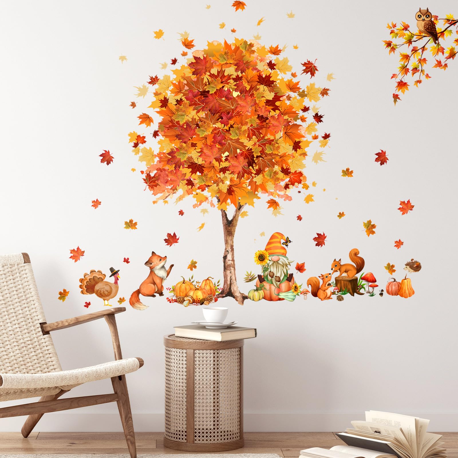 Cholemy 3 Sheets Thanksgiving Wall Stickers Thanksgiving Wall Decals Harvest Pumpkin Maple Leaf Tree Wall Decoration Fall Window Sticker Removable Farmhouse Wallpaper for Living Room Bedroom