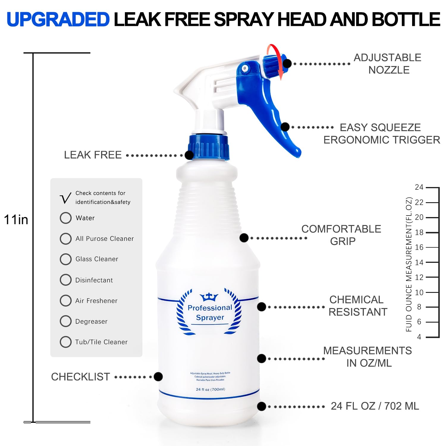 Bealee Plastic Spray Bottle, Empty Spray Bottles (2 Pack 24 Oz), All-Purpose Sprayer for Cleaning Solutions, Bleach Spray, Planting, BBQ, Mist & Stream Water Spraying Bottle with Adjustable Nozzle