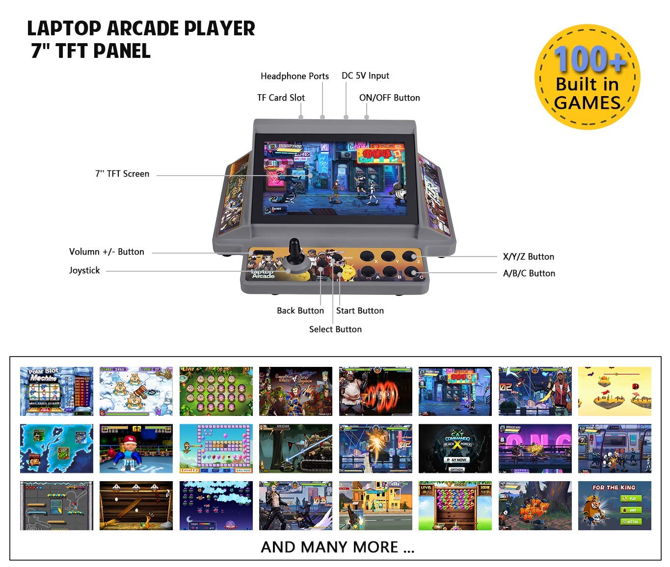 Laptop Arcade Player Counter-top Game Console Retro Home Arcade Mini Arcade Machine 100+ Built-in MAME Arcade Games 7” HD Screen TF Card Supported Favorite for Kids and Adults