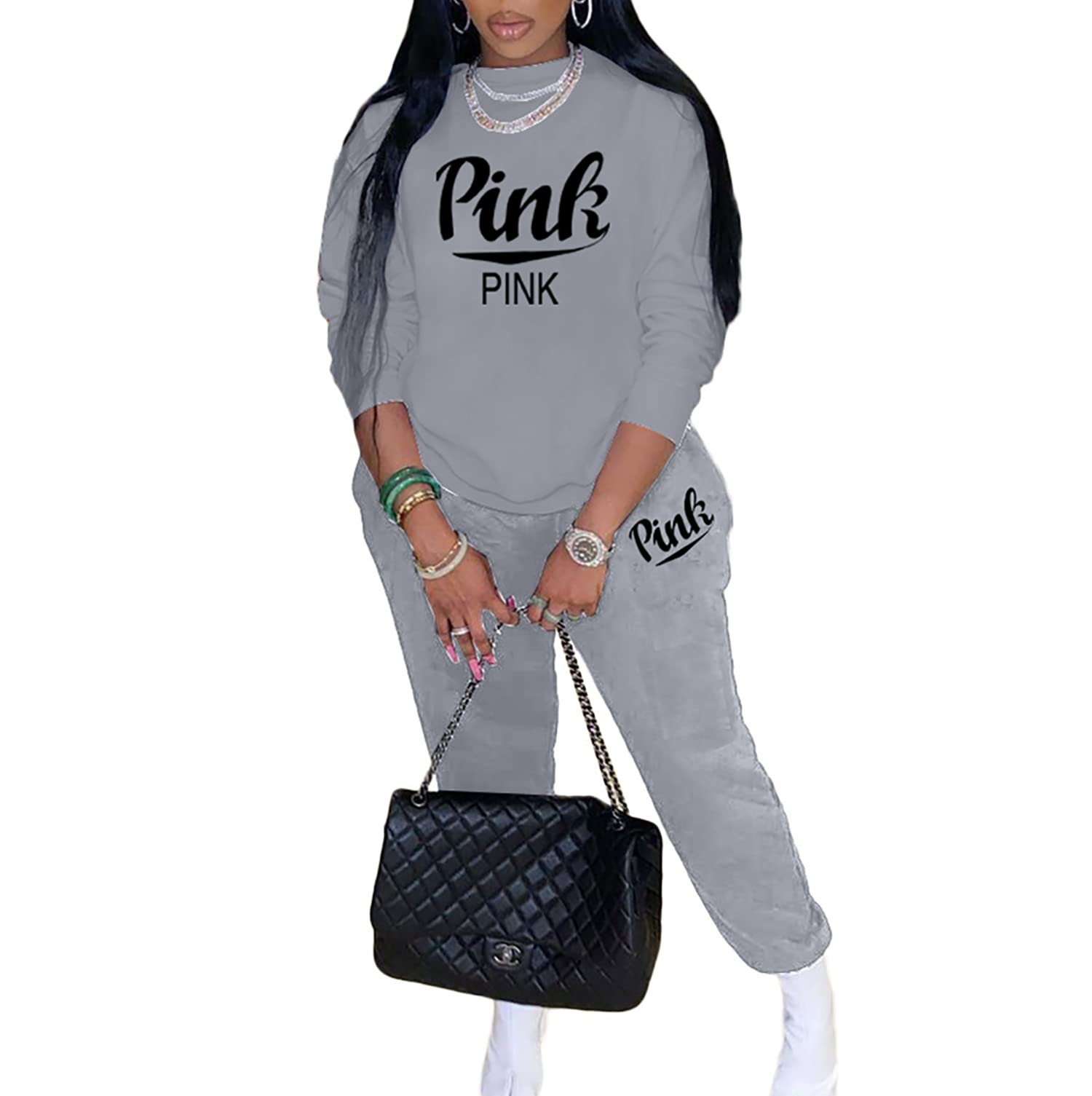 Bealin Women's 2 Piece Sweatsuit Long Sleeve Set Crew Neck Pullover And Skinny Long Pants Casual Jogging Tracksuit Grey XL