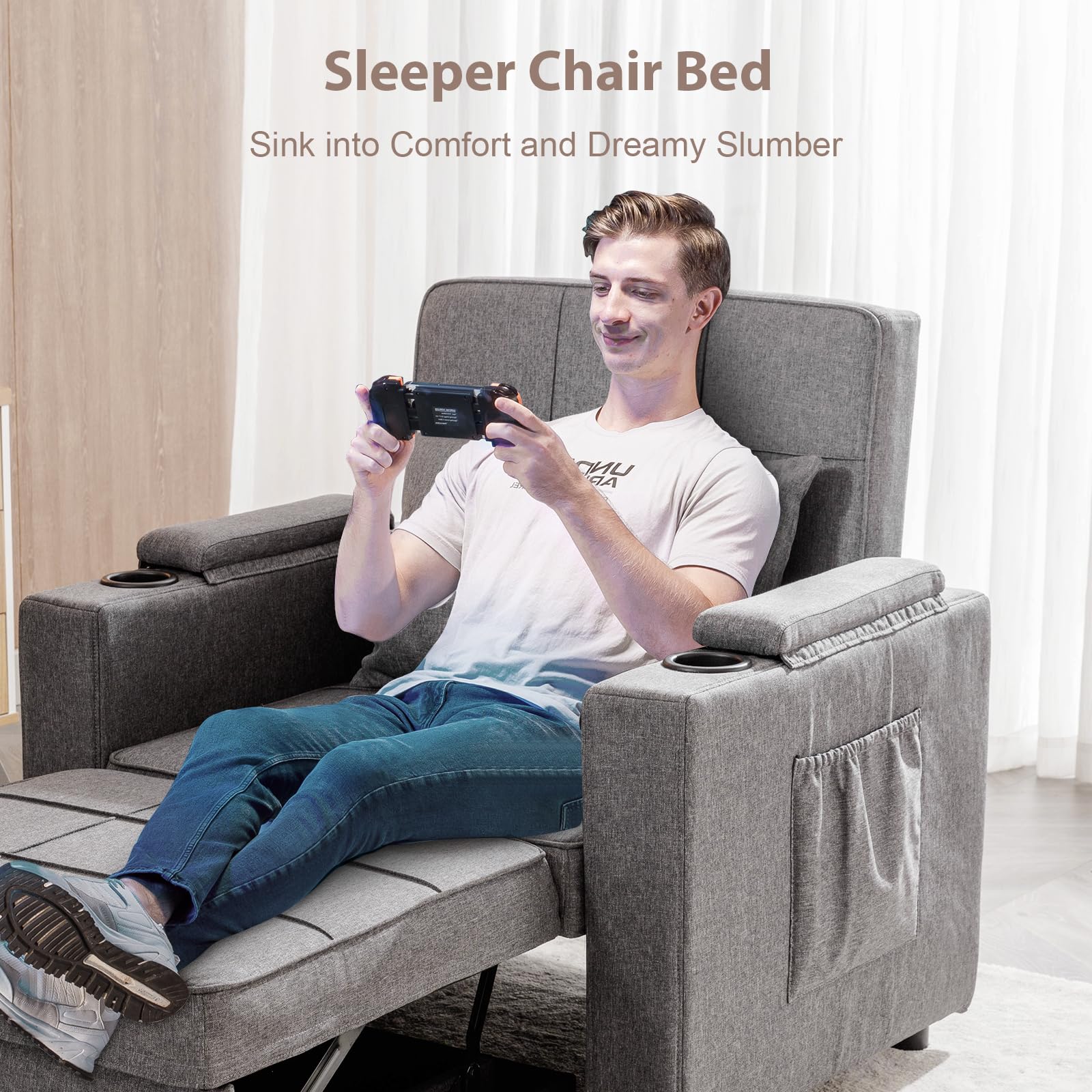 COMHOMA Convertible Sleeper Chair Bed, Armchair Bed Sleeper with Cup Holders, 3-in-1 Single Convertible Chair, Futon Chair Bed with Side Pocket, Pull Out Sleeper Bed for Living Room(Grey)