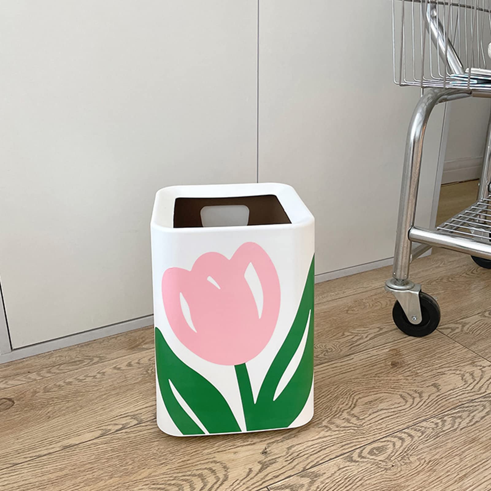 RWUDV Small Trash Can Floral Trash Can Large Mouth Cute Appearance Modern Style Garbage Waste Basket for Kitchen Bathroom Bedroom(Square Large Size)