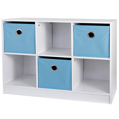 Nouva 3x2 Cubic Organizer 6 Cube Storage Bookcase Wooden Bookshelves Toy Organizers with 3 Non-Woven Bins for Bedroom Living Room, White&blue