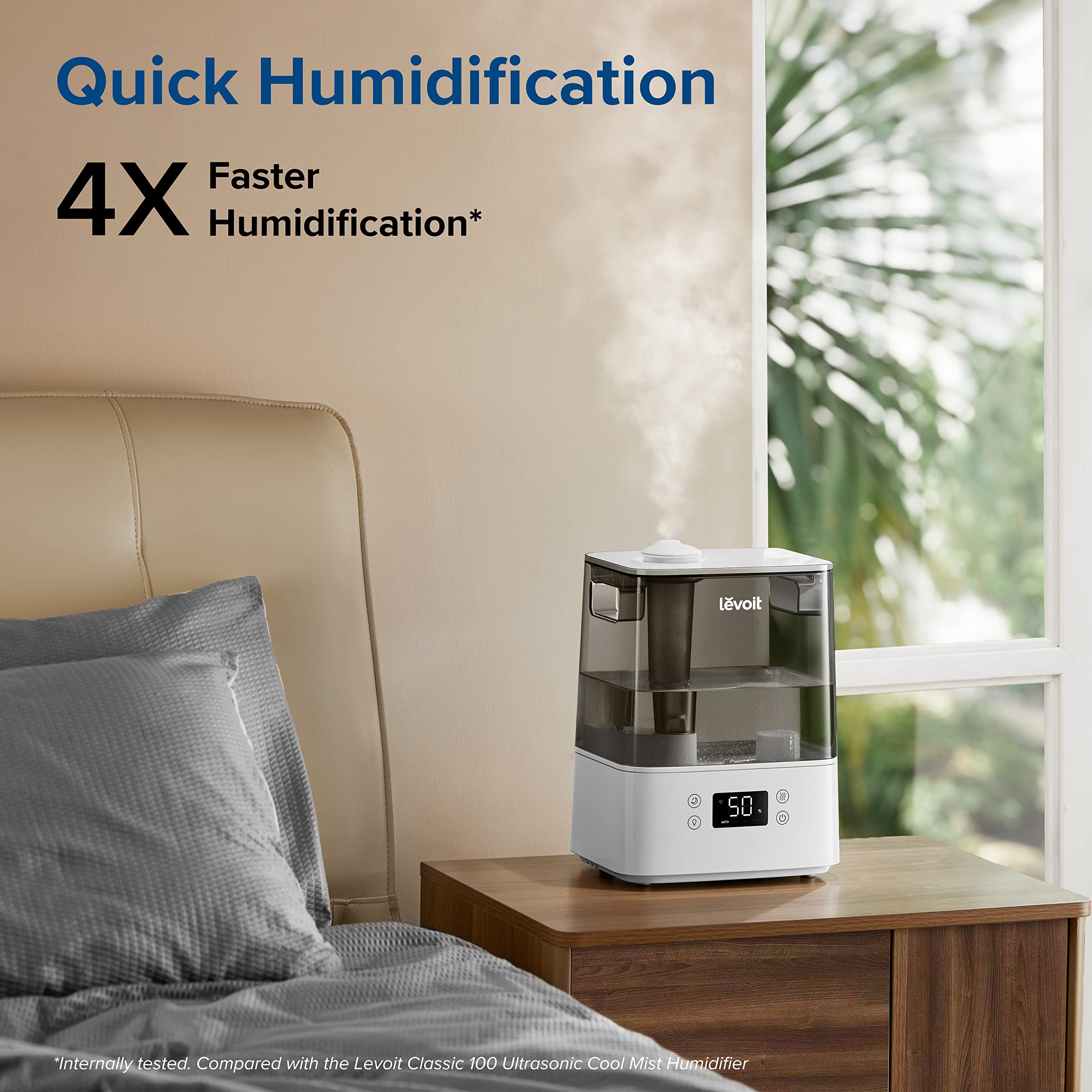 LEVOIT Ultrasonic Cool Mist Humidifiers, Adjustable 360° Rotation Nozzle, Auto Safety Shut Off, Lasts Up to 25 Hours, Filter Free, Optional LED Display Light, Ideal for Bedroom, 3L, White