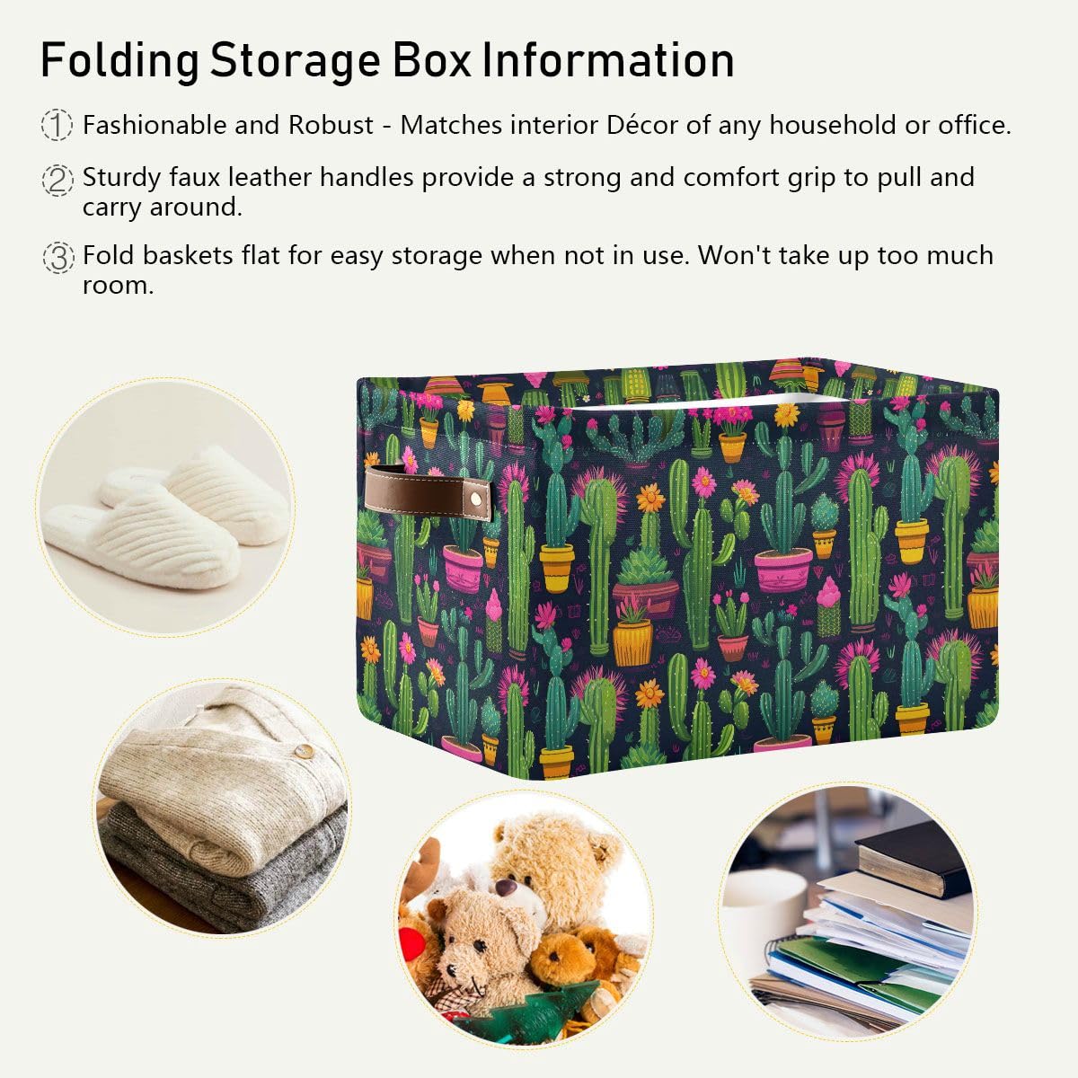 Cute Cactus Plant Green Basket with Handles, Waterproof Storage Basket Laundry Baskets Foldable Closet Organizer Bins for Home Closets, Offices, Bedroom, Laundry, 1PC
