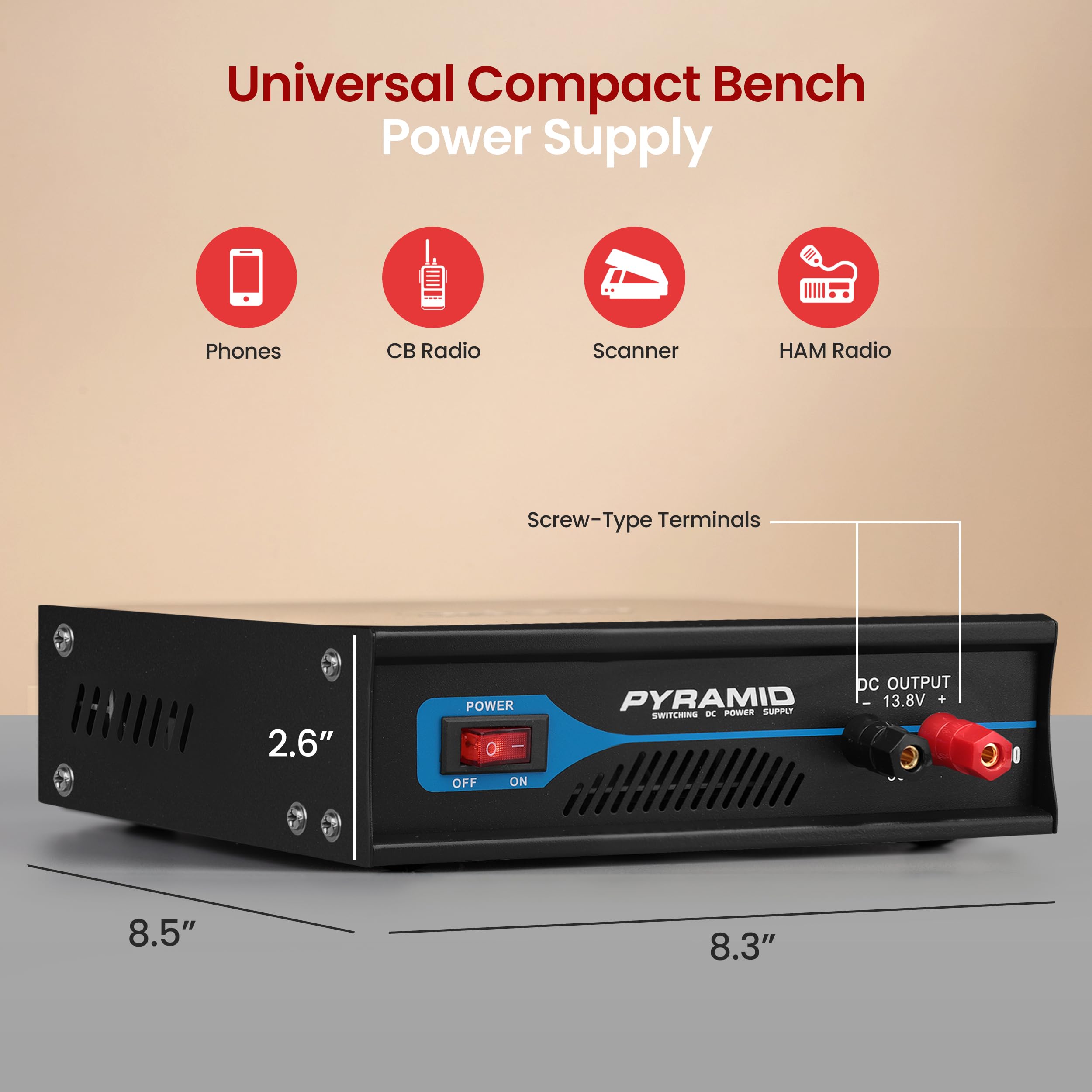 Pyle Universal Compact Bench Power Supply - 30 Amp Regulated Home Lab Benchtop AC-to-DC Converter w/ 13.8 Volt DC 115/230V AC Switchable, Screw Type Terminals, Cooling Fan - Pyle PSV300