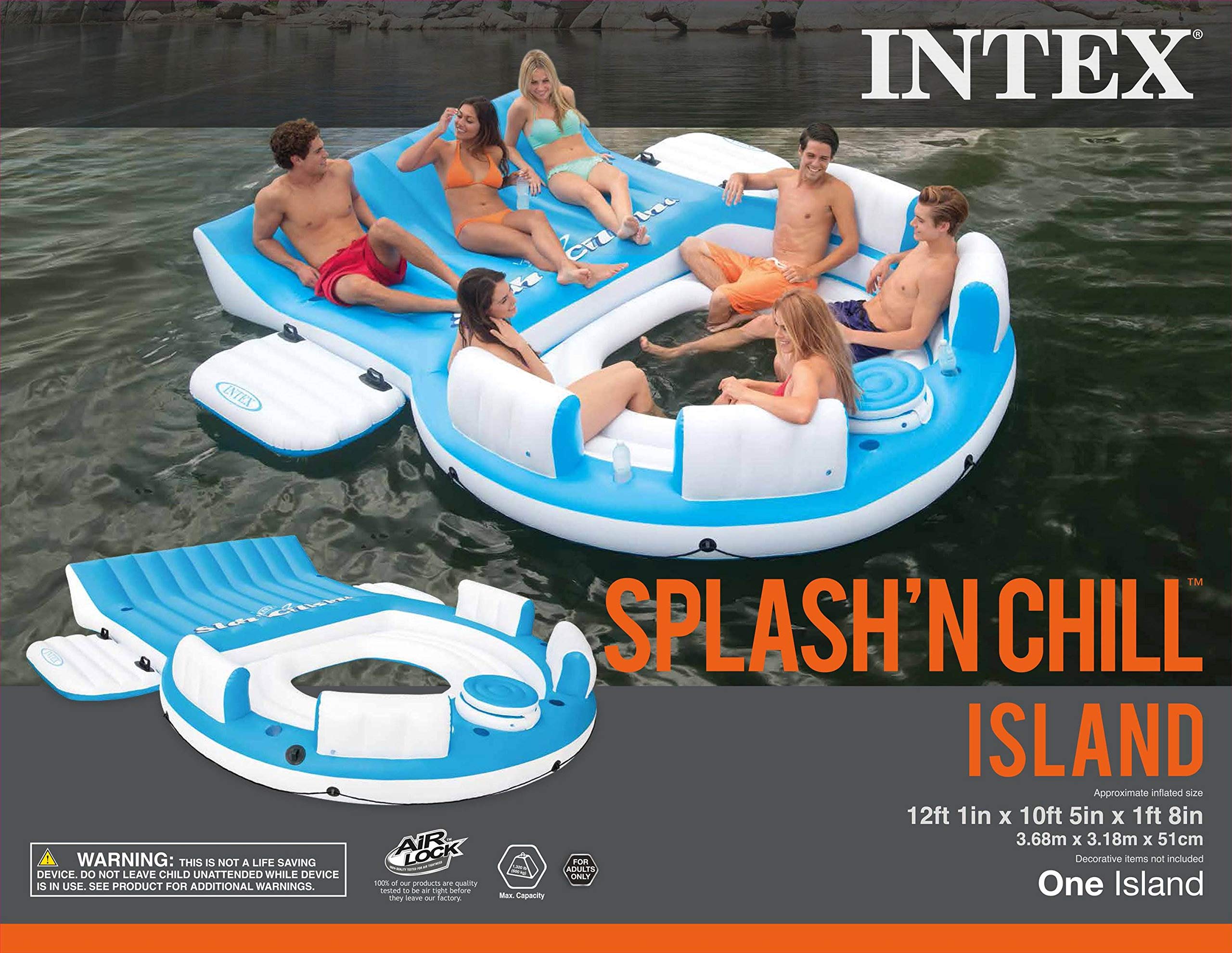 Intex Inflatable Splash N Chill Island Lake Raft Lounger for Up to 7 Adults and Wet Set Adhesive Vinyl Tube Repair Patch 6 Pack Kit