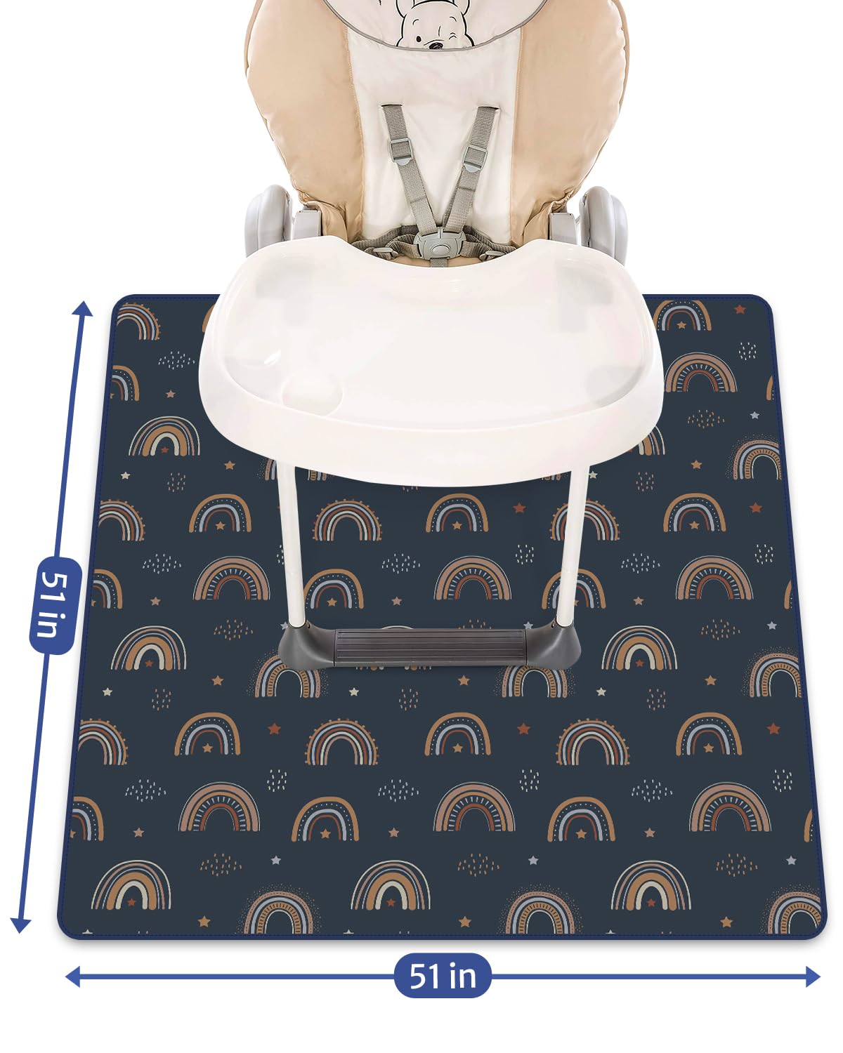 Blissful Diary Baby Splat Mat for Under High Chair, 51 x 51 Inch Splash Mat, Waterproof and Washable Spill Mat, Anti-Slip Floor Protector, Retro Rainbow