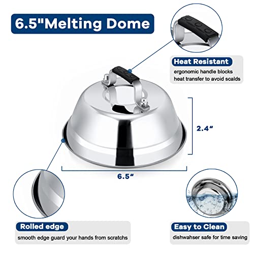 Leonyo 2 PCS 6.5 Inch Heavy Duty Cheese Melting Dome - Stainless Steel Round Basting Steam Cover for Grilling Flat Top Cast Iron, Heat Resistant Handle Griddle Accessories, Dishwasher Safe, Keep Warm