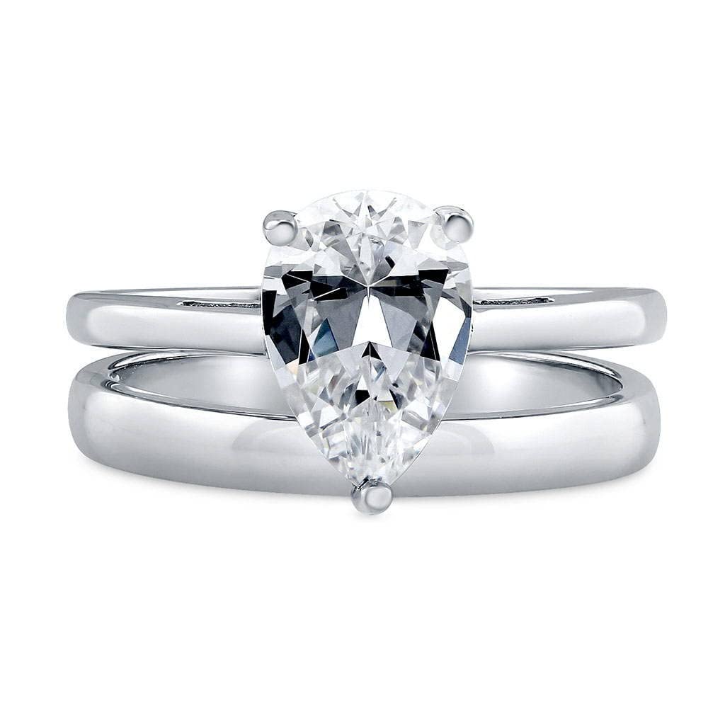 BERRICLE Sterling Silver Solitaire Wedding Engagement Rings 1.8 Carat Pear Cut Cubic Zirconia CZ Ring Set for Women, Rhodium Plated Size 6
