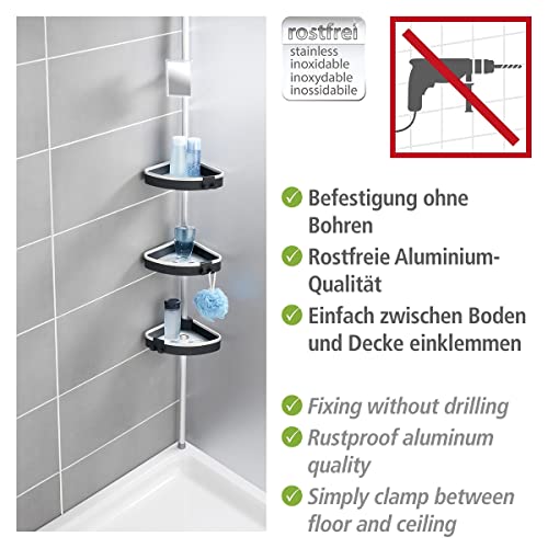 WENKO Tension Corner Shower Caddy 3 Pole and Baskets für Shampoo, Conditioner, Soap with Hooks for Razors, Towels, Blue