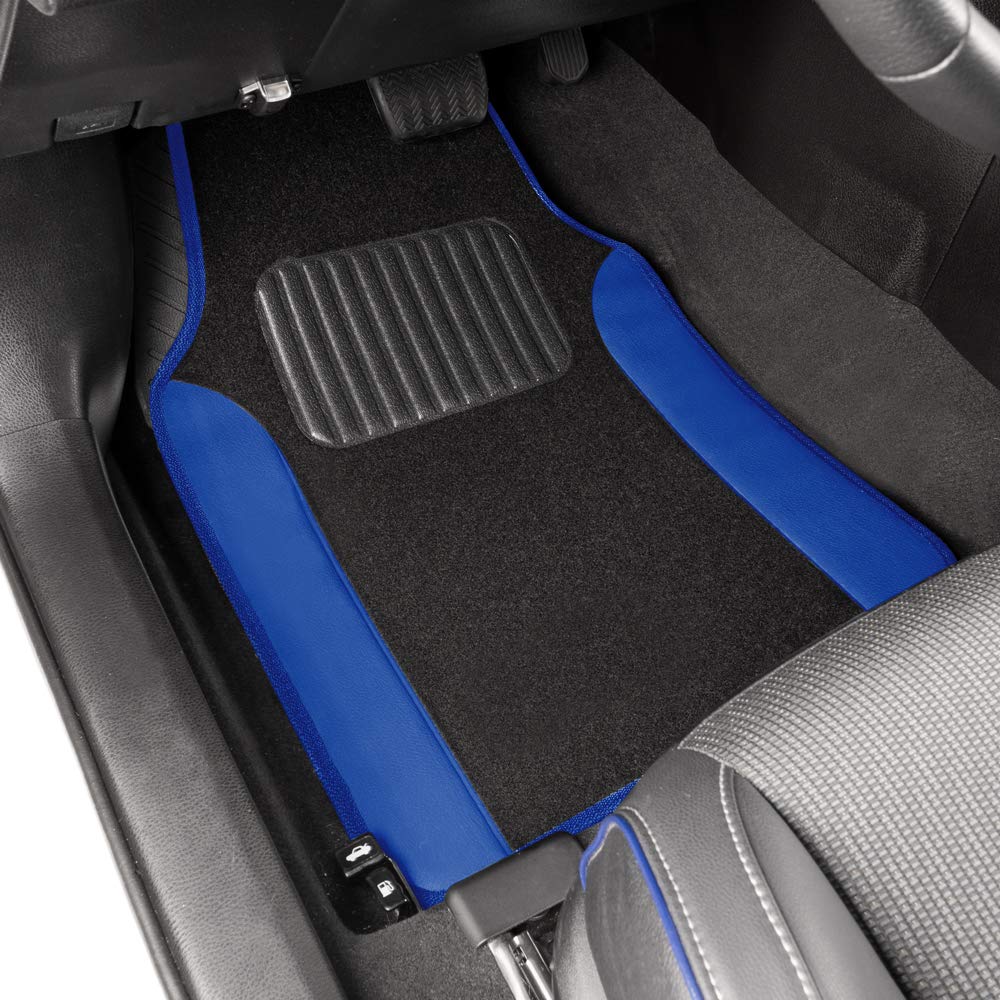 BDK Floor Mats for Cars, Two-Tone Carpet Car Floor Mats with Faux Leather Accents, Automotive Floor Mat Set with Built-In Heel Pad, Stylish Interior Car Accessories (Blue)