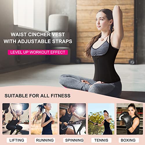 Nebility Women Waist Trainer Corset Zipper Vest Body Shaper Cincher Tank Top with Adjustable Straps (L, Black)