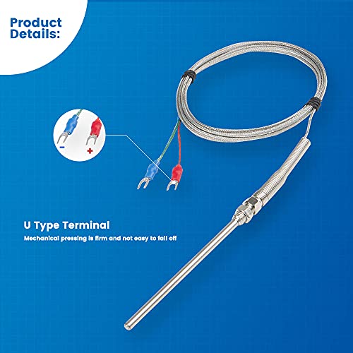 CGELE K-Type Thermocouple Temperature Sensors 0~600℃,2M/6.6Ft Wire Probe Length 100mm Two Wire 100×5mm Stainless Steel Probe Temperature Detector Temperature Gauge
