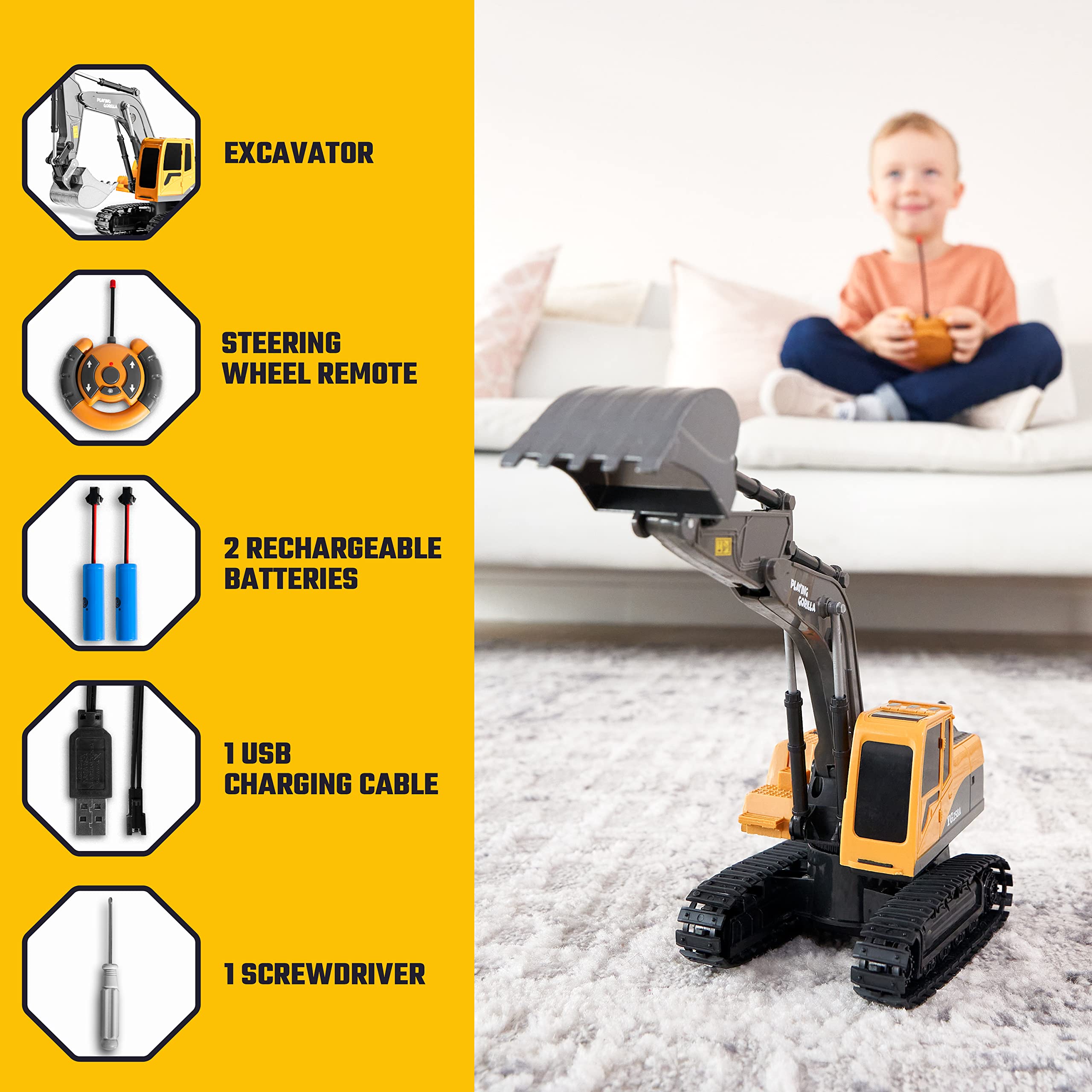 Playing Gorilla Remote Control Excavator Realistic Construction Toy for Boys Age 3 4 5 6 7 8 9 with Extra Rechargeable Batteries - 1:24 Scale Excavator Remote Construction Toys