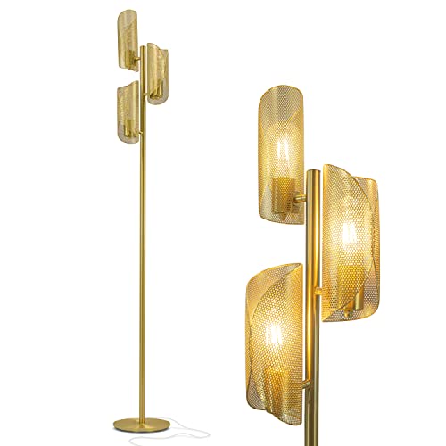 Brightech Lyra LED Tree Floor Lamp for Mid-Century Modern, Contemporary, Industrial DΓ©cor, 3 Light Head Standing Lamp with Metal Cage Shade, Standing Pole Tall Lamp for Living Room, Bedroom - Brass