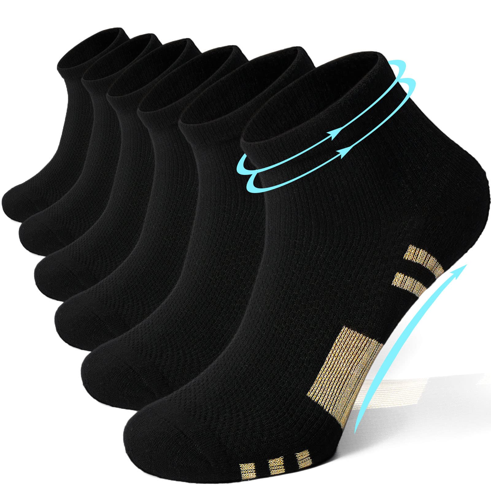 BLONGW Ankle Copper Compression Socks for Men & Women 6 Pairs, Anti-Blister Low Cut Cushioned Cotton Running Socks with Arch Support