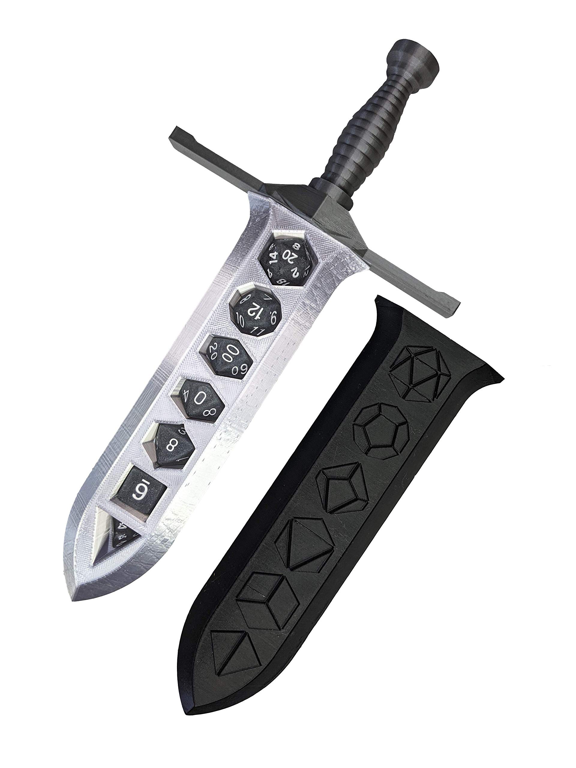 Slice and Dice Dice Sword Holder with 7 Polyhedral Role Playing Dice | DND RPG D&D Dungeons and Dragons, Black Embossed