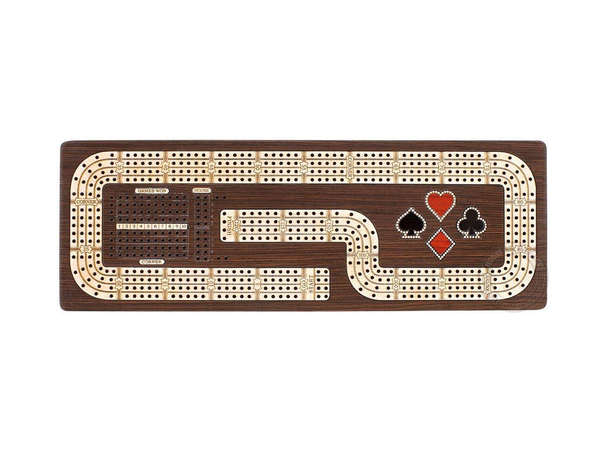 House of Cribbage - Continuous Cribbage Board/Box Inlaid in Wenge Wood/Maple : 4 Track - Cards & Pegs Storage Drawer with Score Marking Fields for Skunks, Corners and Won Games