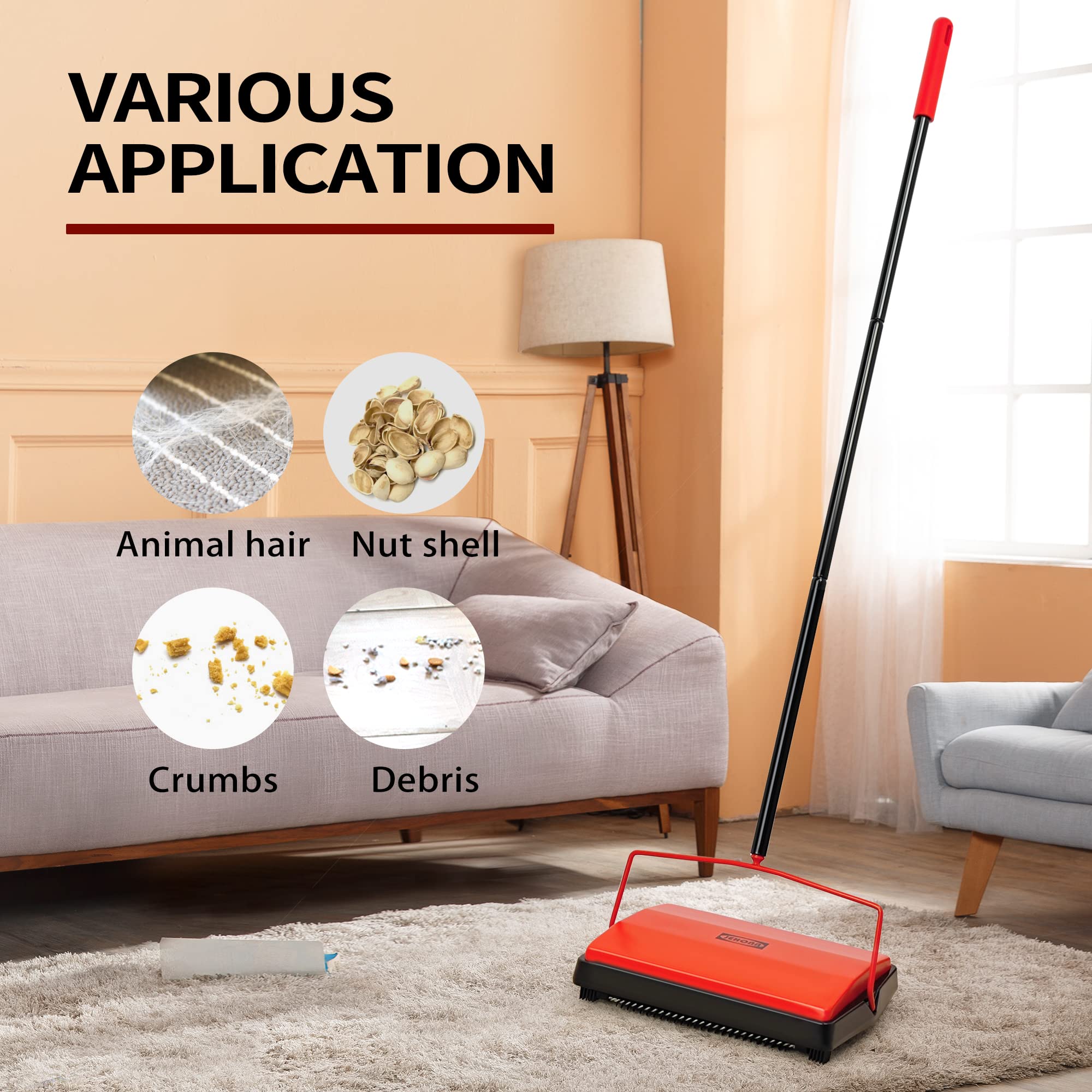 JEHONN Carpet Floor Sweeper Manual with Horsehair, Dust Mop for Floor Cleaning with 2 Washable Microfiber Pads