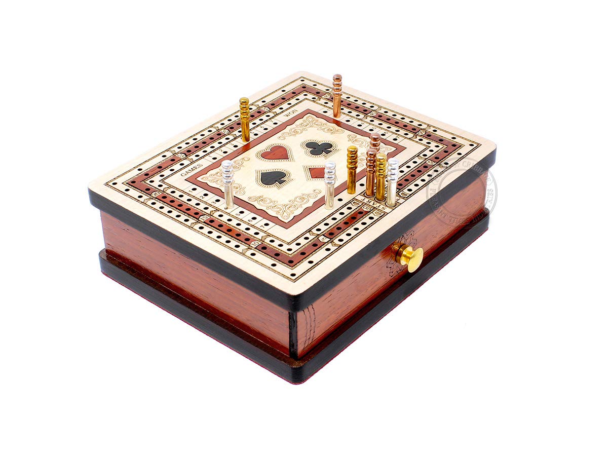 House of Cribbage - 3 Track - 60 Points Non-Continuous Travel Cribbage Board Inlaid in Maple Wood/Bloodwood - Size:6" x 5" - Storage Drawer for Cribbage Pegs & Playing Cards