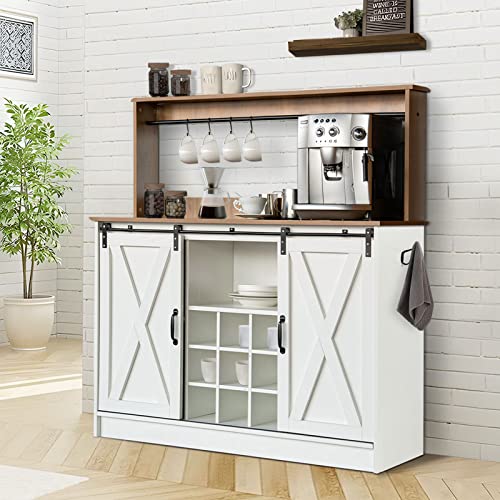 Farmhouse Coffee Wine Bar Cabinet with 6 Hooks, Sliding Barn Door, 47ββ Sideboard Buffet Cabinet with Adjustable Shelf for Kitchen, Dining Living Room, White
