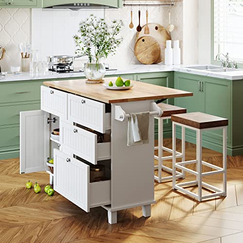 Farmhouse Counter Height Dining Table Set, Wooden Kitchen Island Prep Table with Storage for Apartment Small Places, 50" Breakfast Nook Table Set with 2 Stools, White