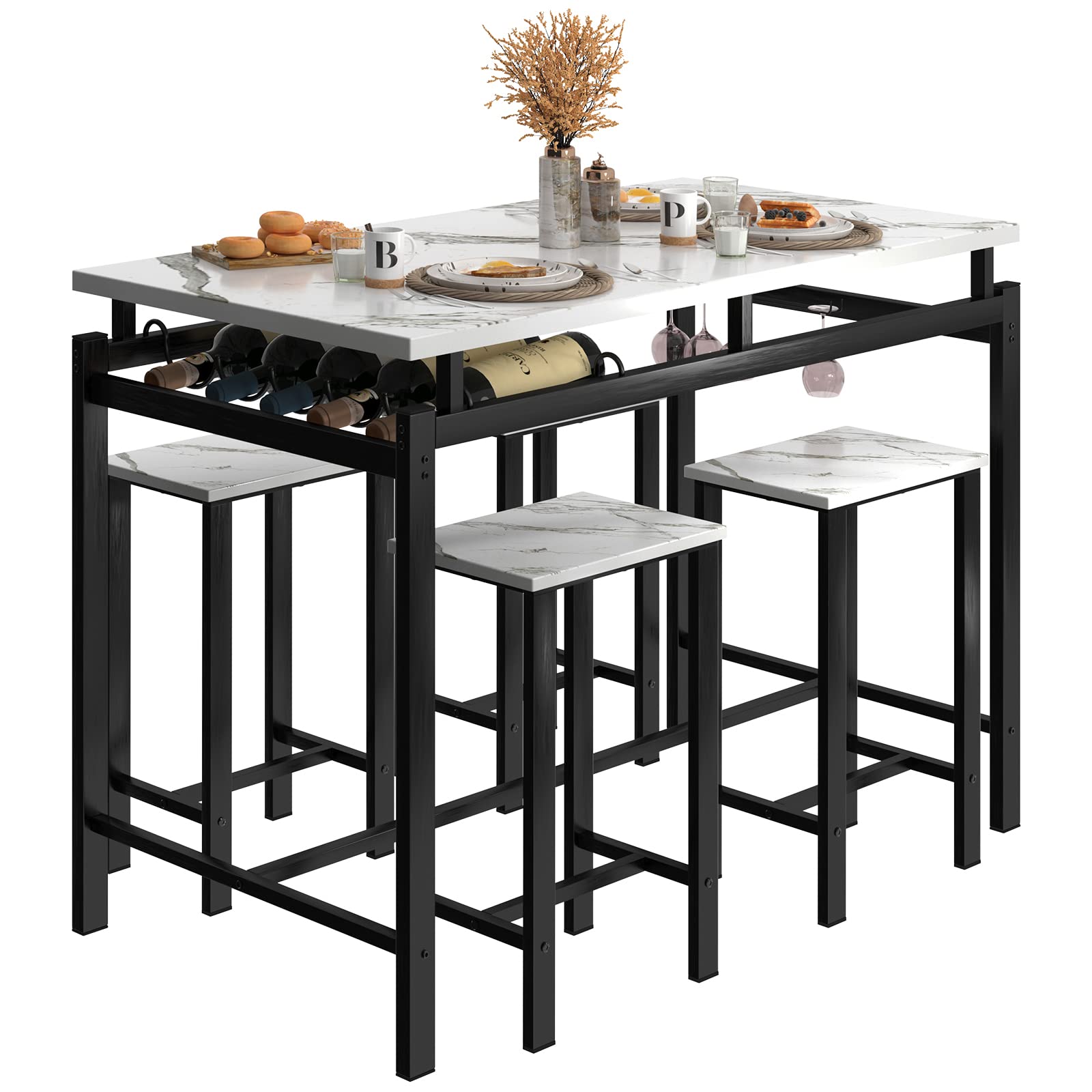 basenji Dining Table Set for 4, 5 Piece Kitchen Table and Chairs with Wine Rack and Glass Holder, Bar Table and Chairs Set Space Saving for Pub Breakfast (White Statuario Wine Rack)