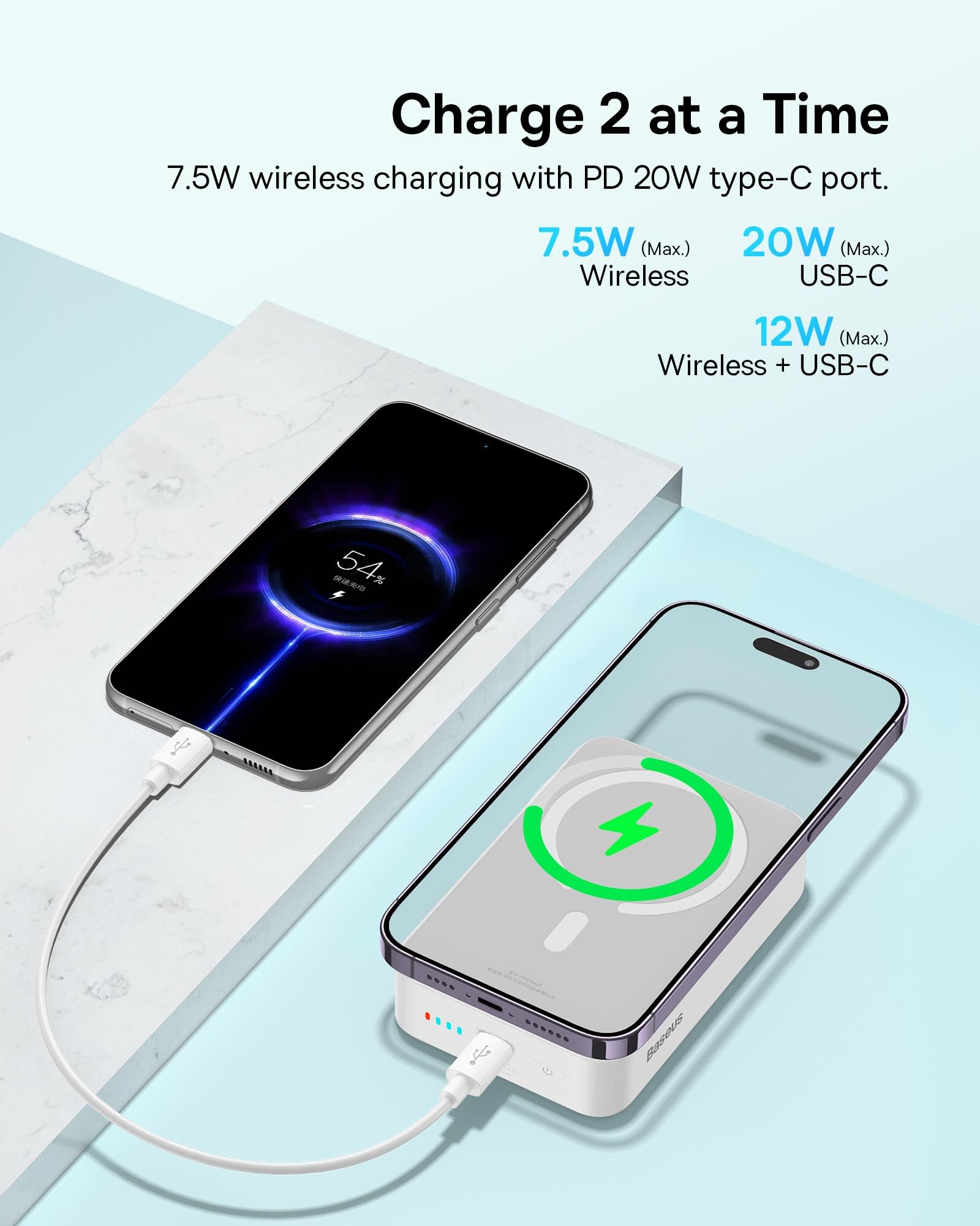 Baseus for MagSafe Battery Pack 20000mAh,PD 20W Portable Charger Power Bank,Wireless Magnetic Power Bank Fast Charging with USB-C Cable, for iPhone 14/13/12 Series and AirPods 3/2/Pro,White