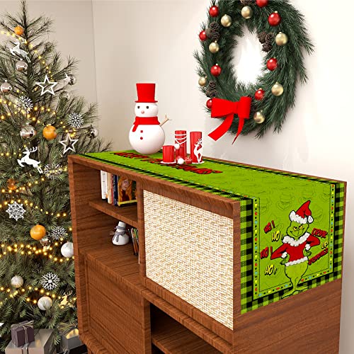FARMNALL Linen Green Christmas Table Runner Merry Grinchmas Tablecloth Christmas Xmas Winter Holiday Home Kitchen Table Decorations 13x72 Inch