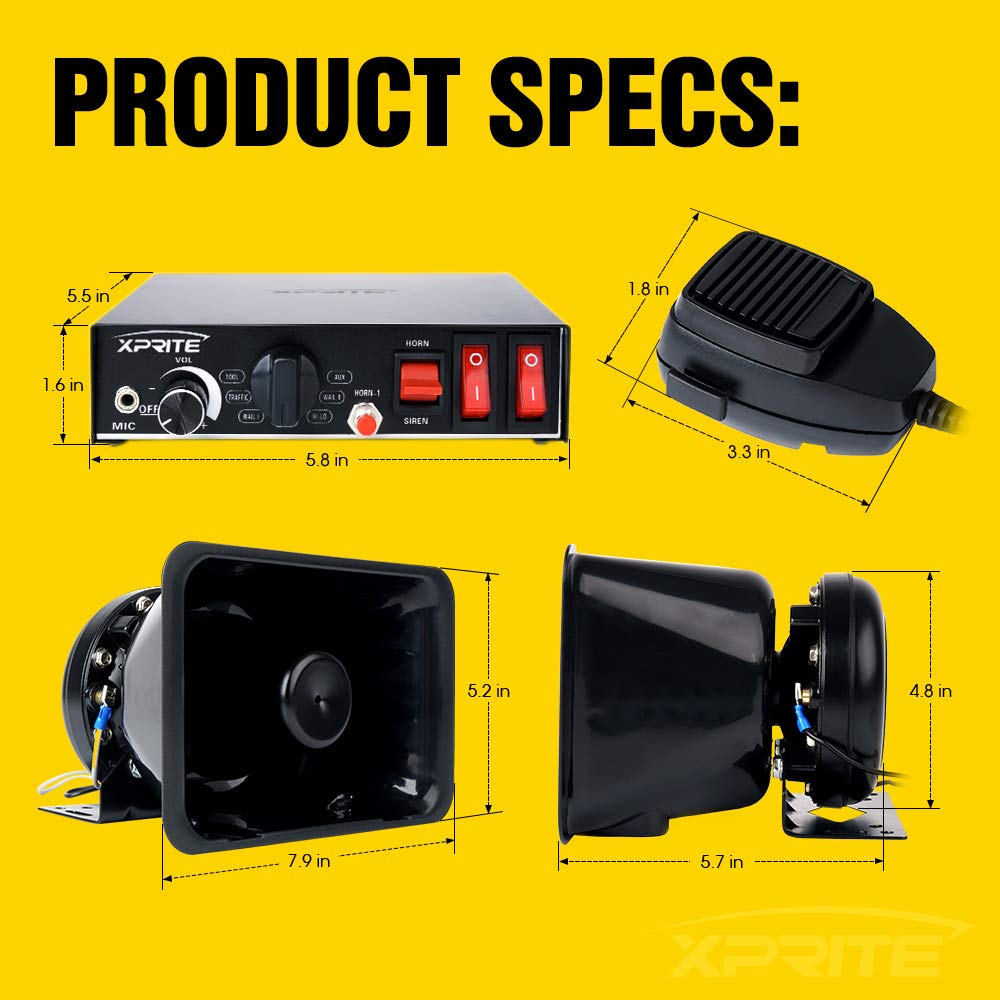 Xprite 200 Watt 8 Tones Emergency Warning Siren Speaker PA System Kit w/Handheld Microphone & Light Control Switches for Police Cars