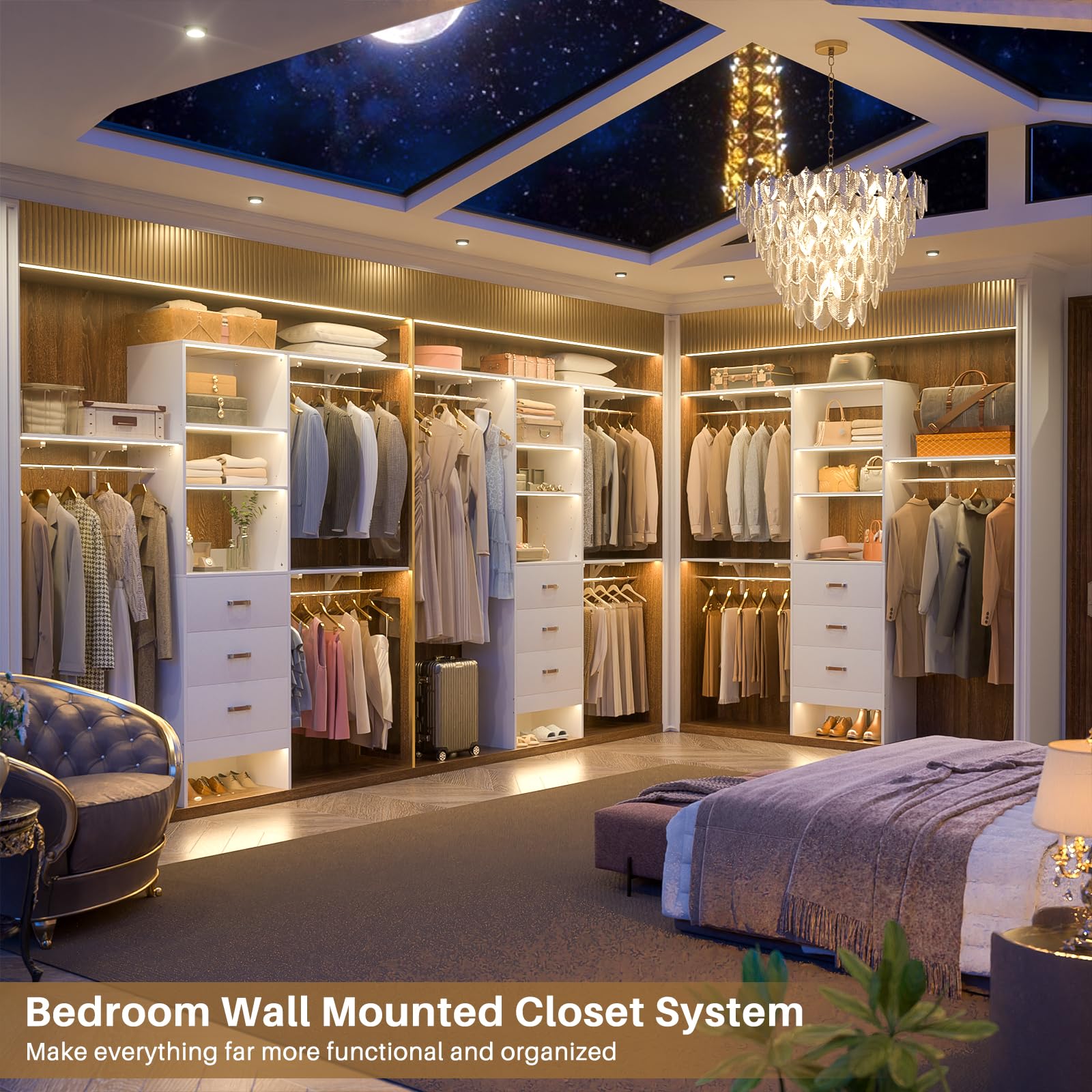 Cyclysio Closet System, 8FT Closet Organizer System with 3 Wooden Drawers, 96'' Walk-in Closet with 3 Hanging Rods & 3 Shelf Tower, Adjustable Wall Mount Closet Organizer, Build-in Garment Rack,White