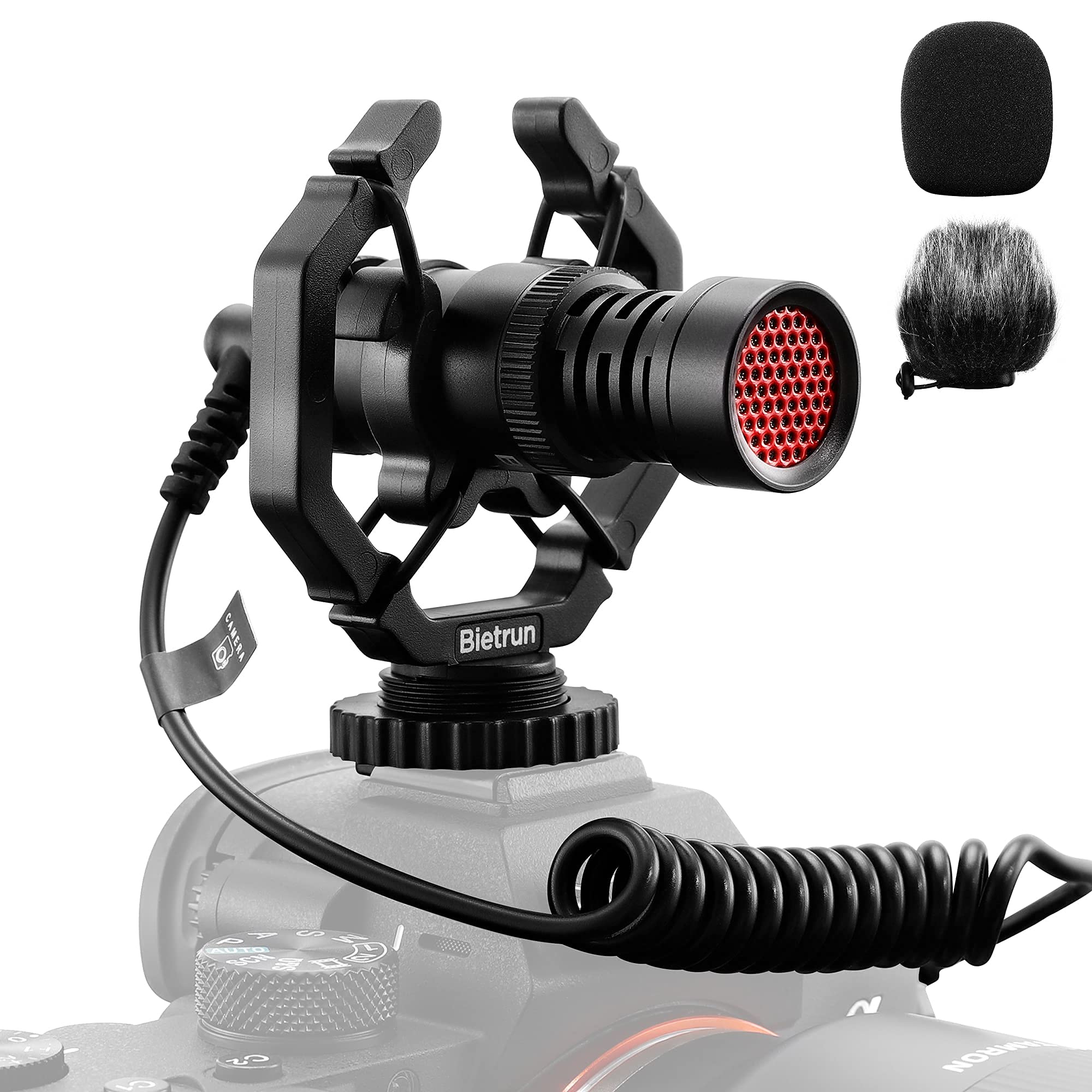 Bietrun Camera Microphone for Canon Sony Nikon DSLR Camera with Suspension Shock Mount/Hairy Deadcat Windscreen, External Cardioid Shotgun Mic for Tiktok YouTube Vlogging, Interviews, Recording