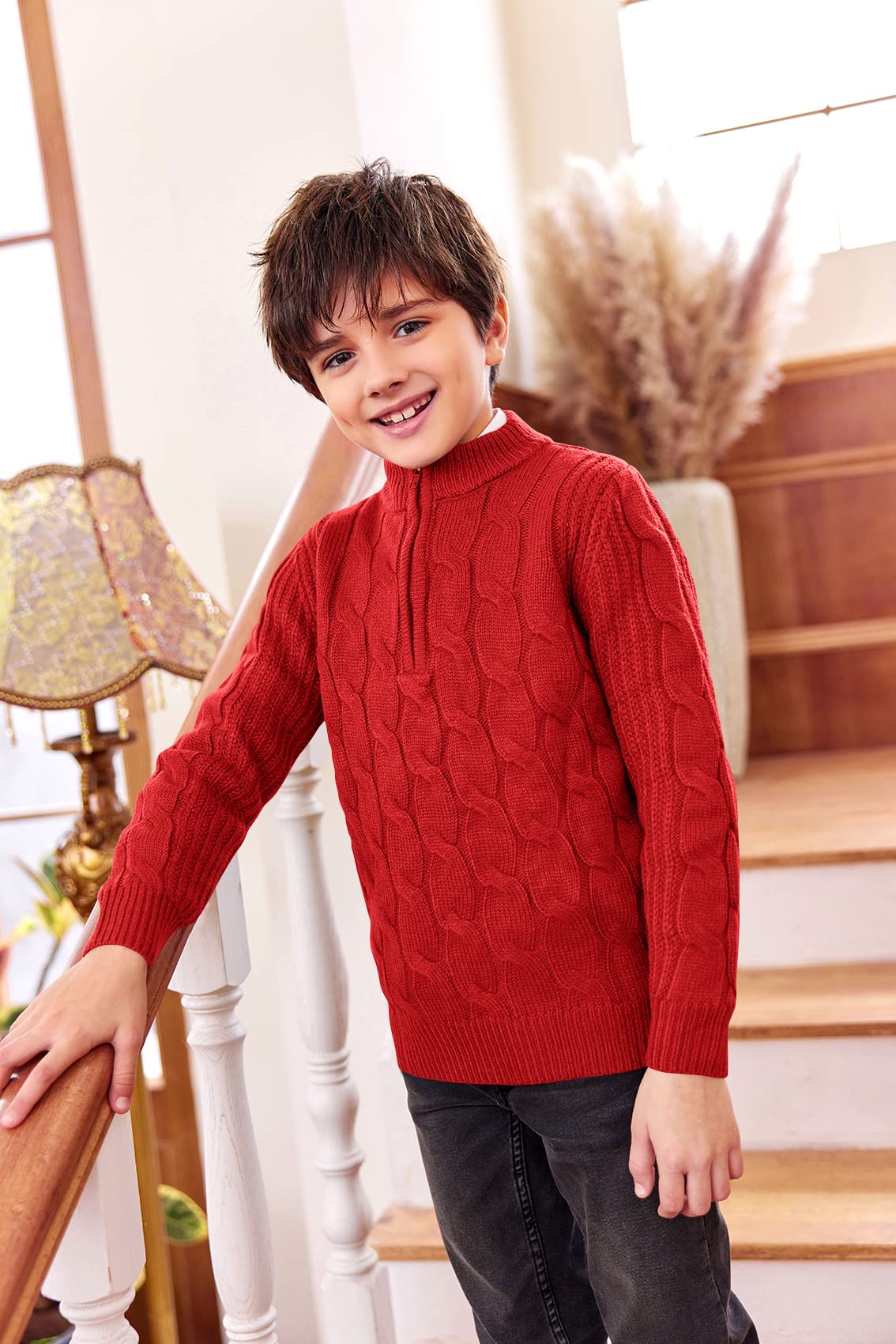 Ciaorbis Boys 1/4 Zip Pullover Sweater Long Sleeve Cable Knitted Sweater Winter Outfit for Baby Boys Girls Red