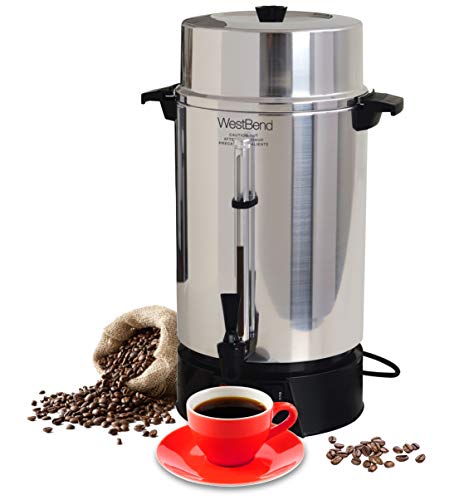 West Bend 33600 Coffee Urn Commercial Highly-Polished Aluminum NSF Approved Features Automatic Temperature Control Large Capacity with Fast Brewing and Easy Clean Up, 100-Cup, Silver