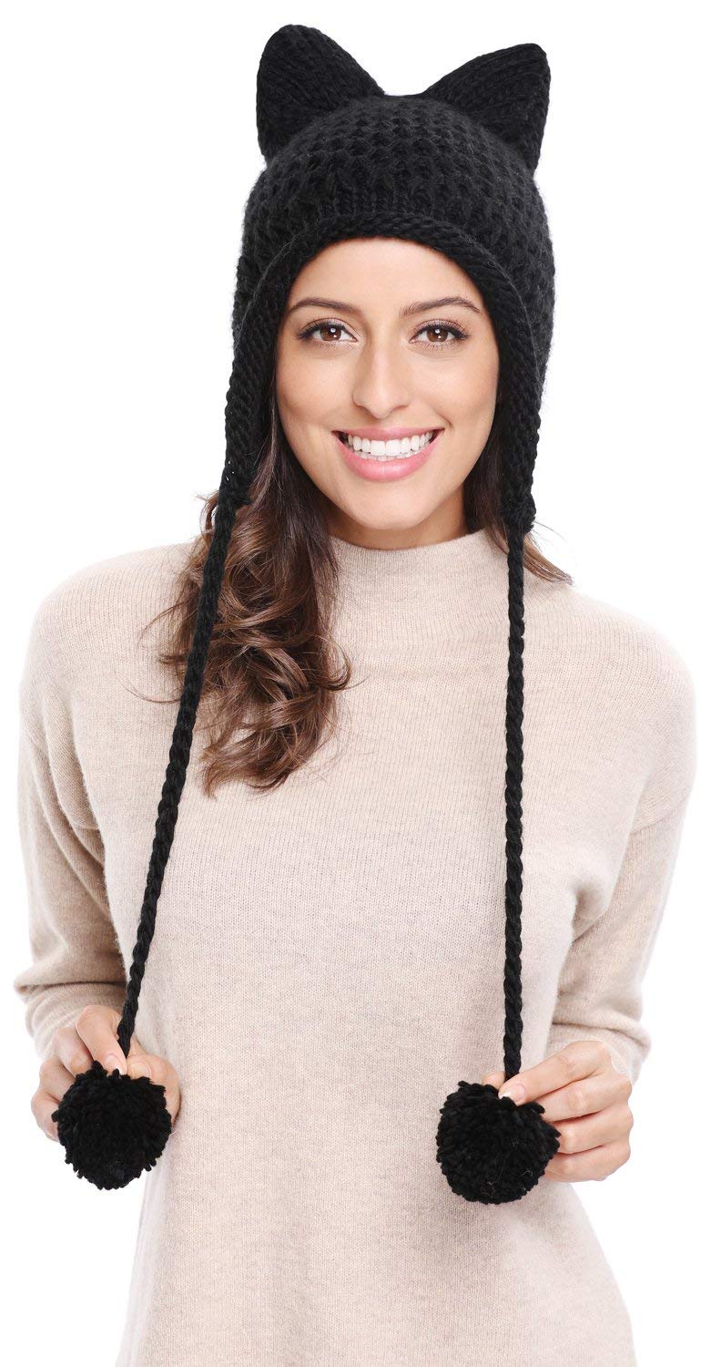 Bellady Winter Cute Cat Ears Knit Hat Ear Flap Crochet Beanie Hat, Black