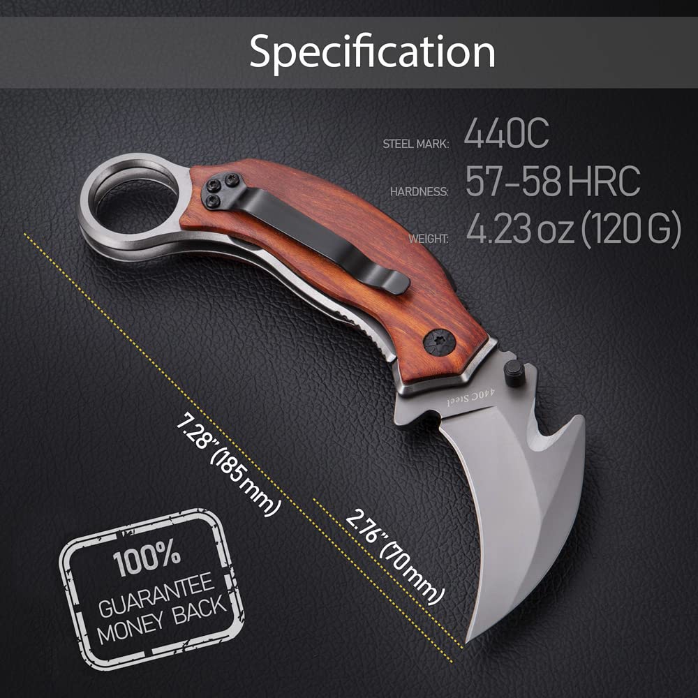 Bundle of 2 Items - Karambit Knife - Karambit Folding Knife - Folding Karambit Knives - CSGO Raptor Claw Knifes Wood Handle with Clip Pocket Krambite - Pocket Knife for Urban Work Hobby Unboxing