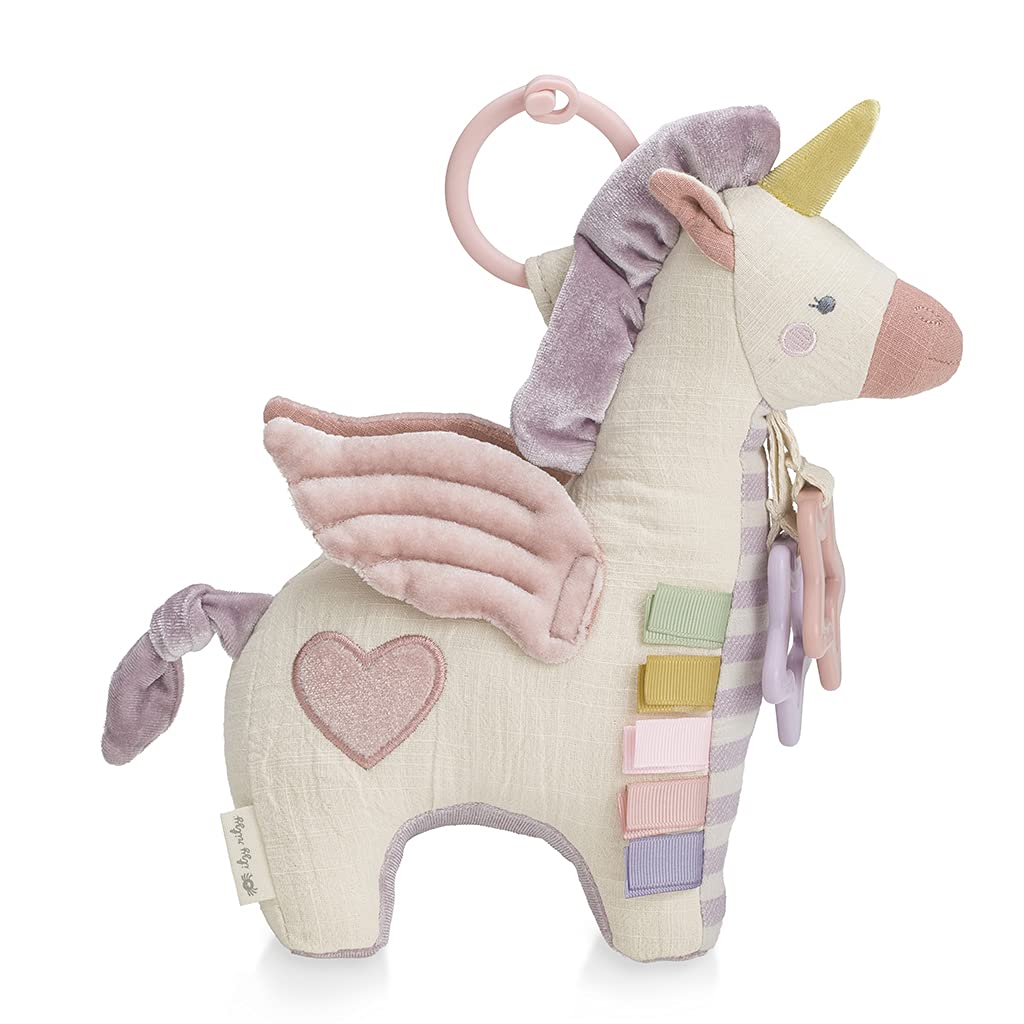 Itzy Ritzy Bitzy Bespoke Link & Love Activity Toy for Stroller - Baby Car Seat Toy for Infants & Up, Features Crinkle Sounds, Clinking Rings, Grosgrain Ribbons & Textured Materials (Dinosaur)